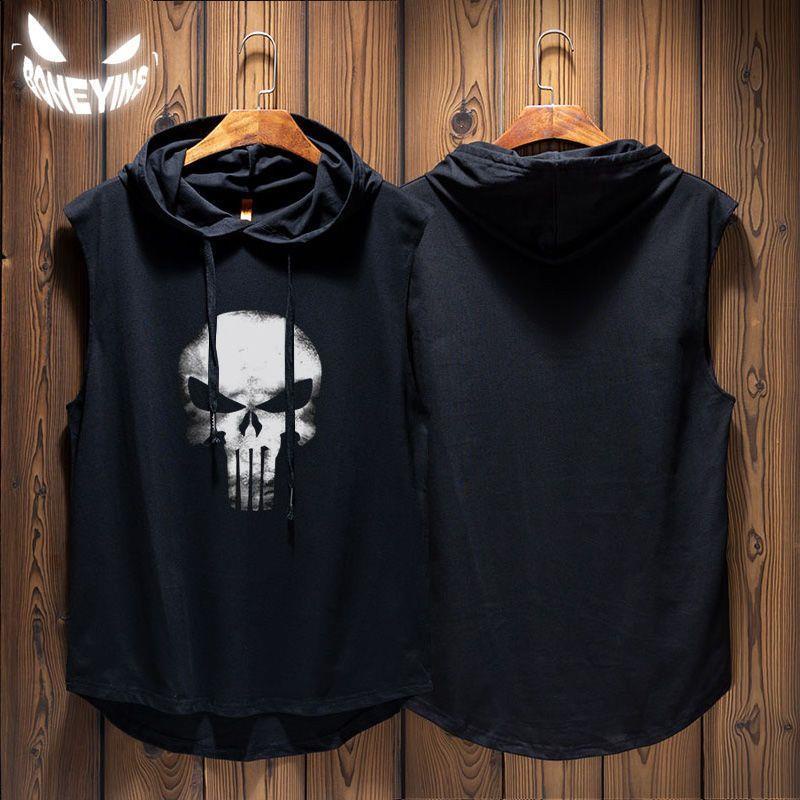 Hoodie Sleeveless Skull Printed Singlet Men Gym Shirt Tank Top Plus ...