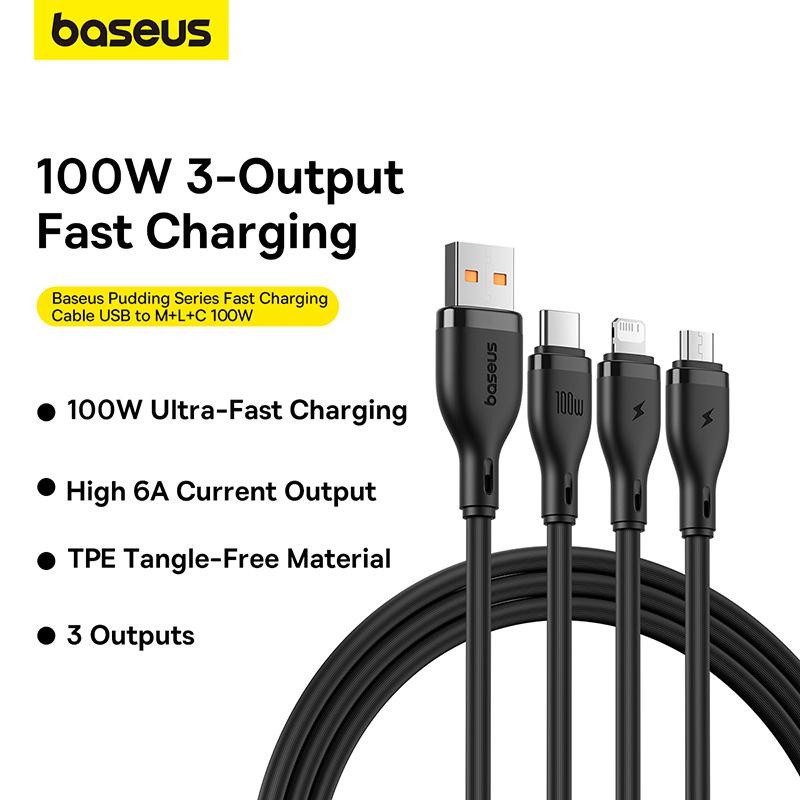 Baseus 100W 3 in 1 USB Cable For Huawei Xiaomi Fast Charging Cable Soft ...