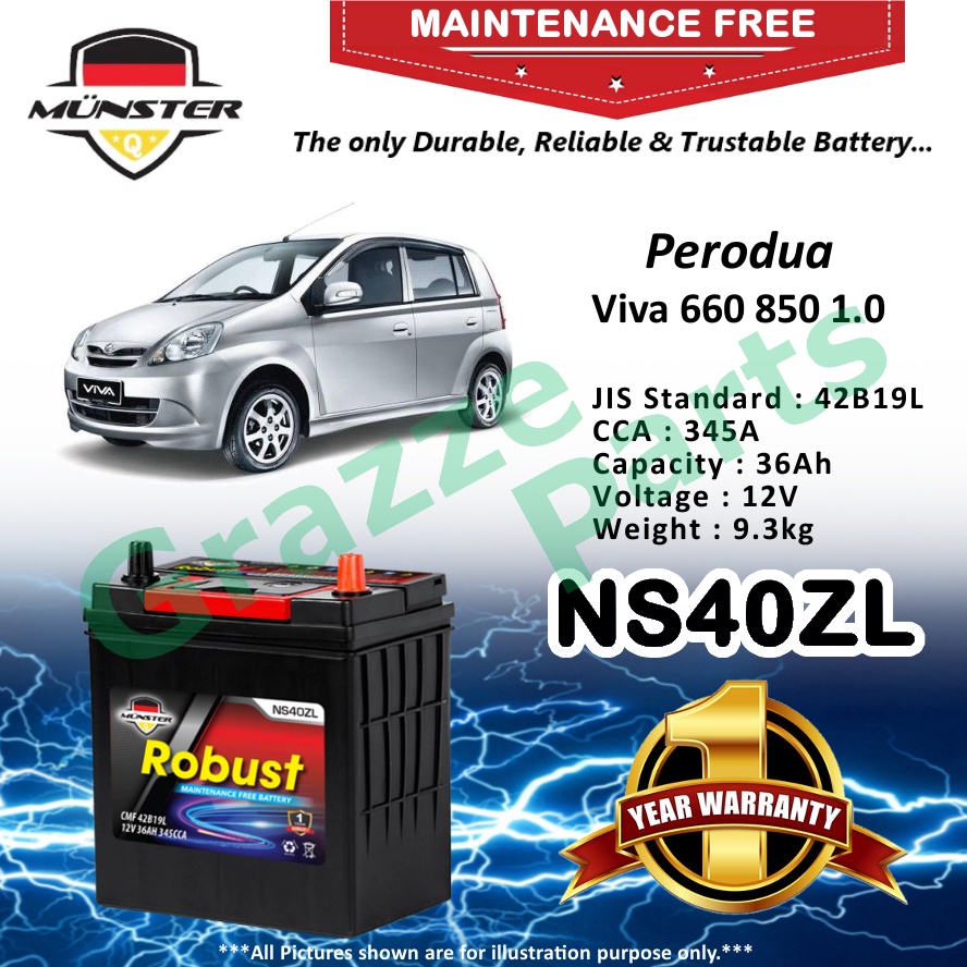 Münster Robust MF CMF NS40 | NS40ZL | 42B19L (36AH) Car Battery Bateri ...