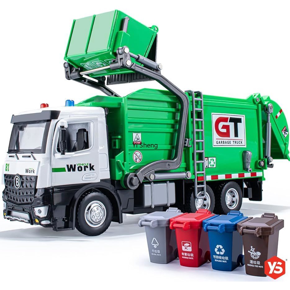 🔥Big Size🔥1/18 Scale Garbage Truck Toys Metal Cab,Friction Powered ...