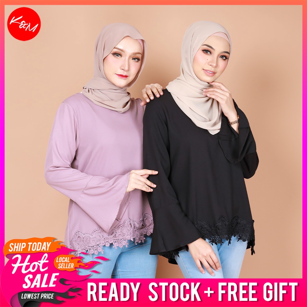 KM Women Hanisah Plus Size Cutting Lacey Flare Sleeves Blouse Baju Size ...
