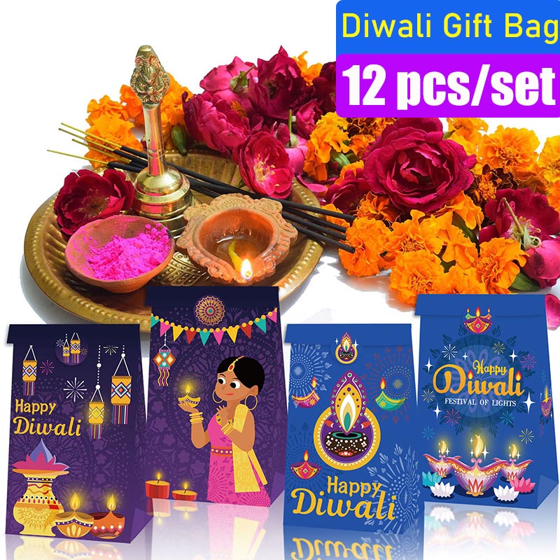 New 12 pcs Diwali Gift Boxes Deepavali Candy Kraft Paper Bags Party ...