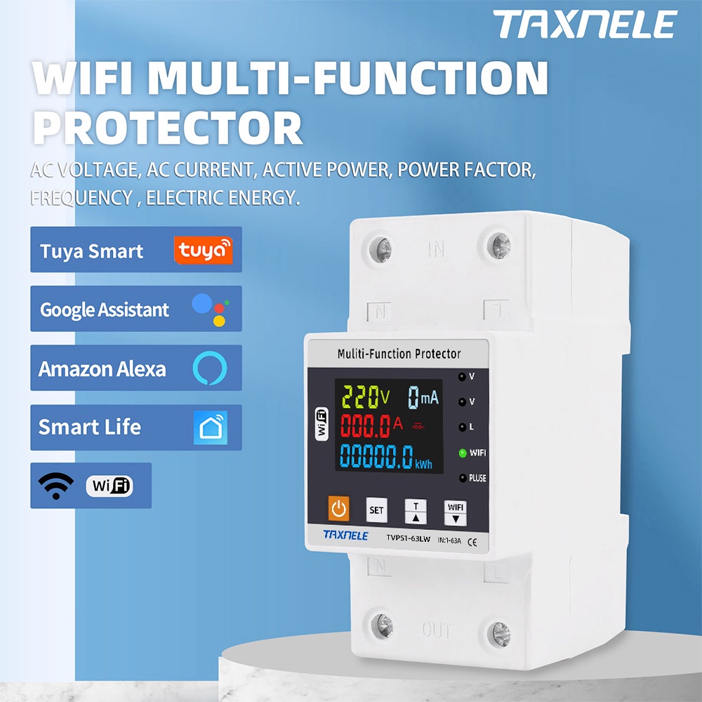 Wifi Smart Switch Tuya Energy Meter Kwh Metering 63a Circuit Breaker Timer With Voltage Current