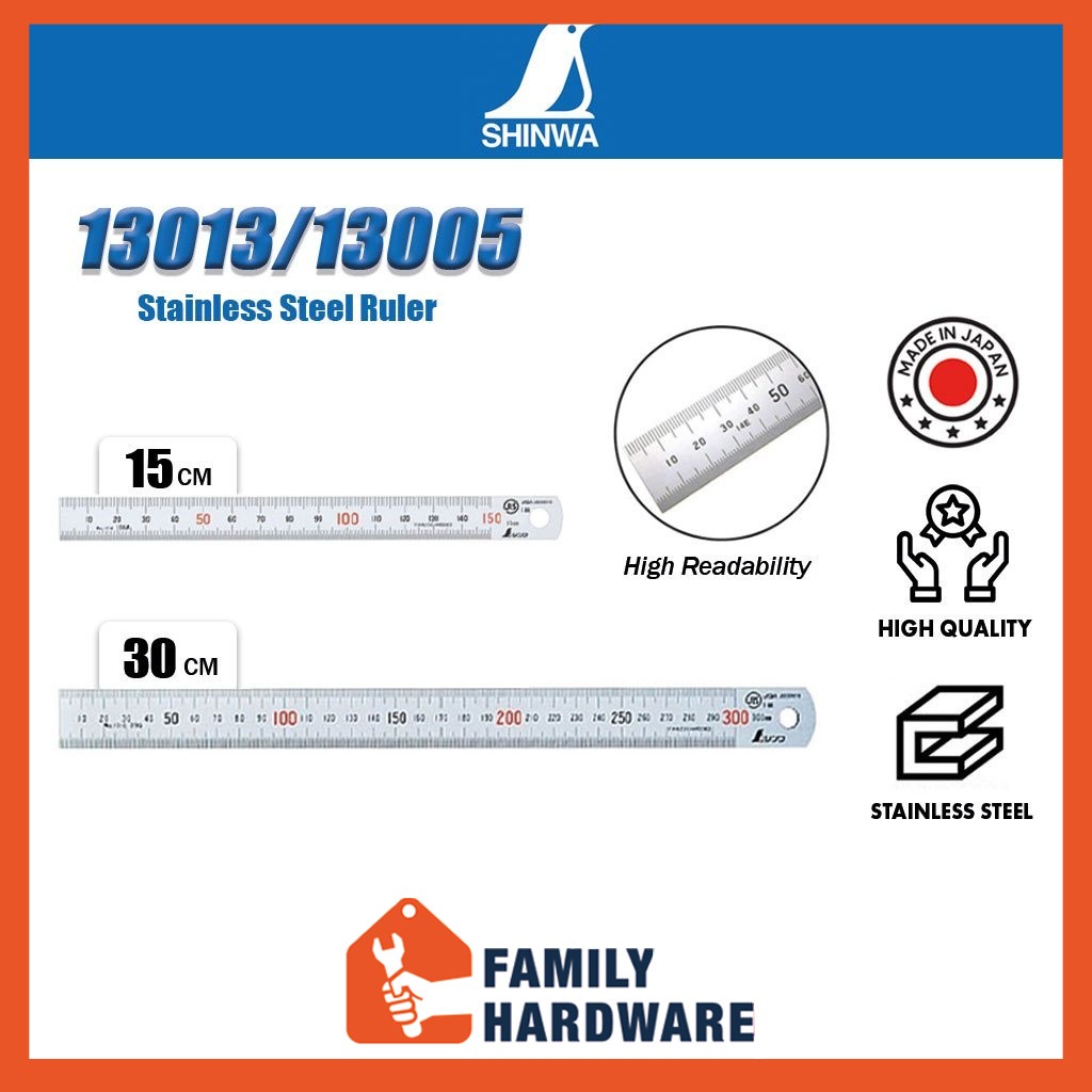 SHINWA 13005 13013 15cm 30cm Stainless Hardened Ruler 150mm 300mm Made in Japan High Readability ...