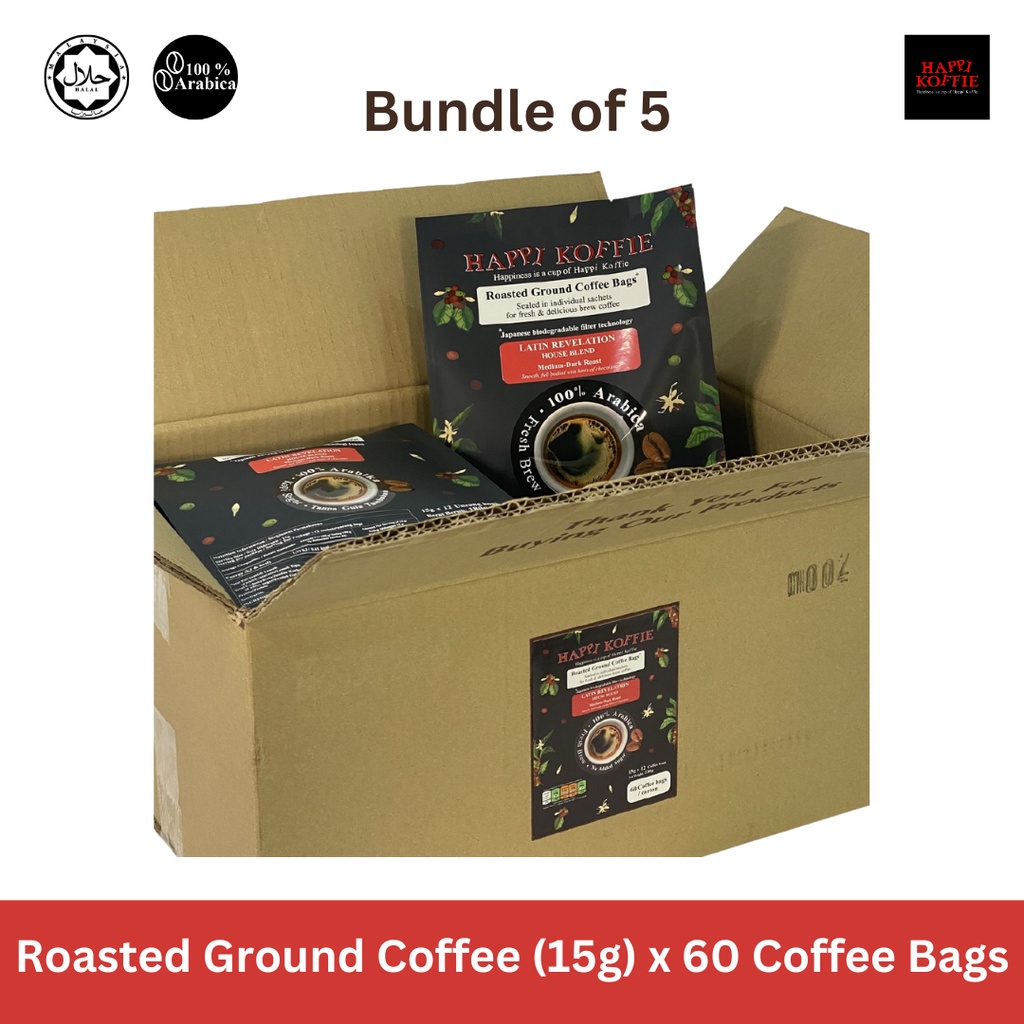 [Bundle of 5] Happi Koffie Roasted Ground Coffee (15g) x 60 Coffee Bags ...