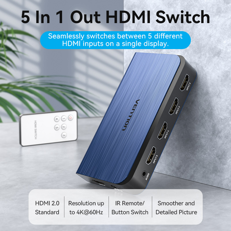 Vention HDMI Switcher 5 In 1 Out with Toslink Optical & 3.5mm Audio ...
