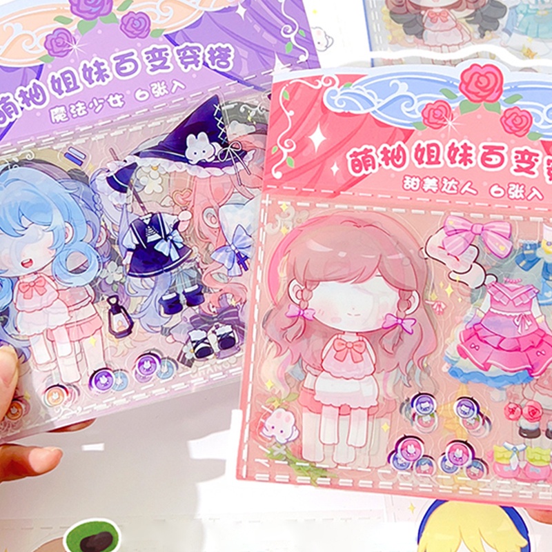 6 Sheets Adorable Cartoon Girl Dress Up Stickers Waterproof Transparent ...