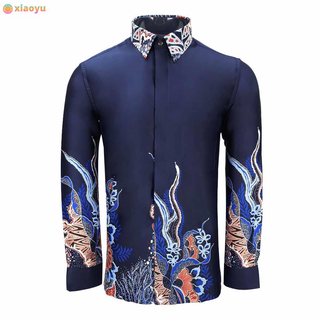 (Modern Fit) Blue Color Malaysia Men Batik Long Sleeve Kemeja Batik ...