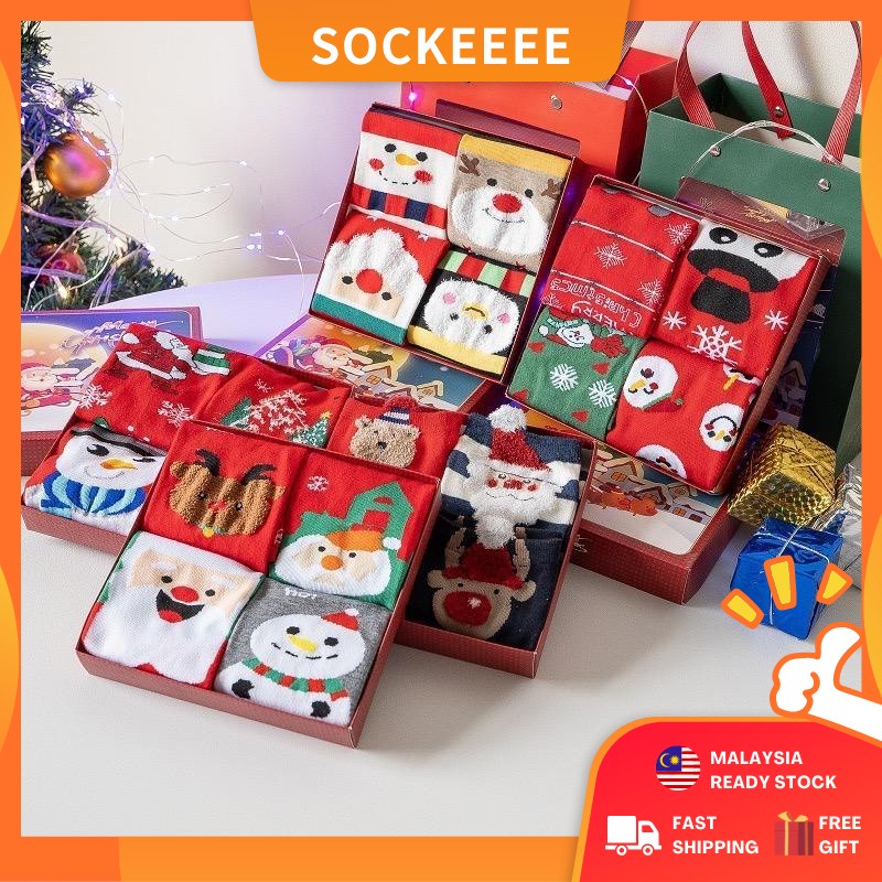 [Ready Stock] Sockeeee 4 Pair of Cute Christmas Sock Christmas Gift Box ...