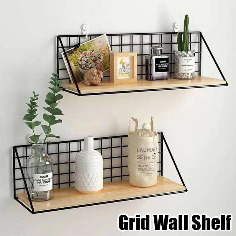 Grid Wall Shelf Mounted Hanging Shelf Iron Art Storage Holder Rack Room ...