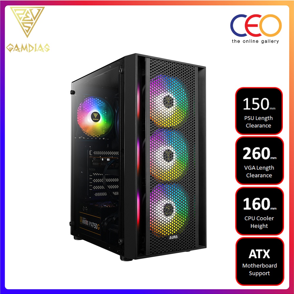 Gamdias AURA GC2 Perforated RGB Mid-tower PC Case ATX Mesh Front Panel ...