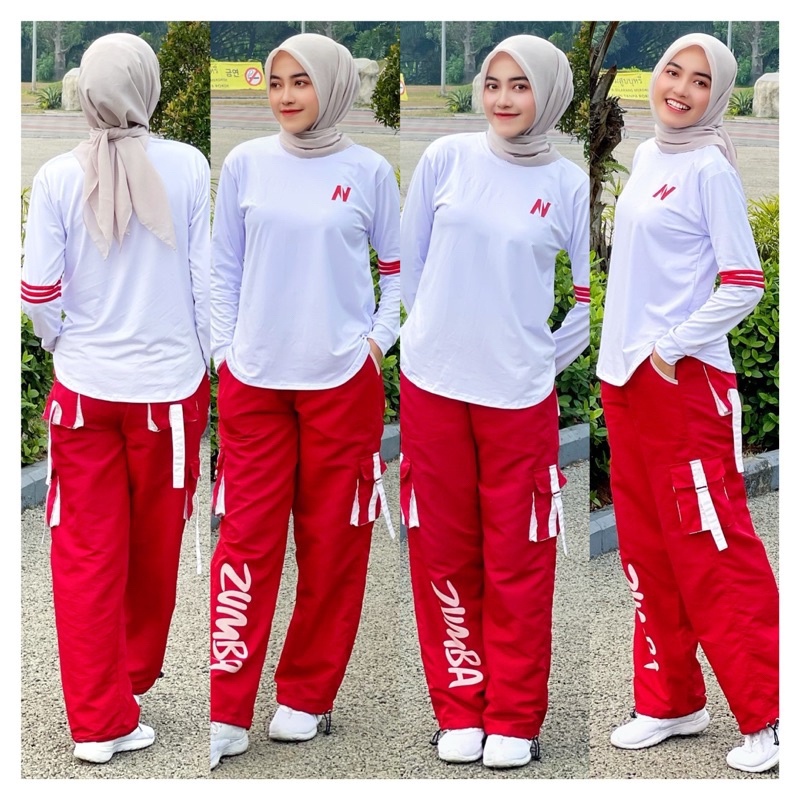 PUTIH MERAH Mix Top N Long Sleeve White Red Trim And Cargo Zumba Red ...