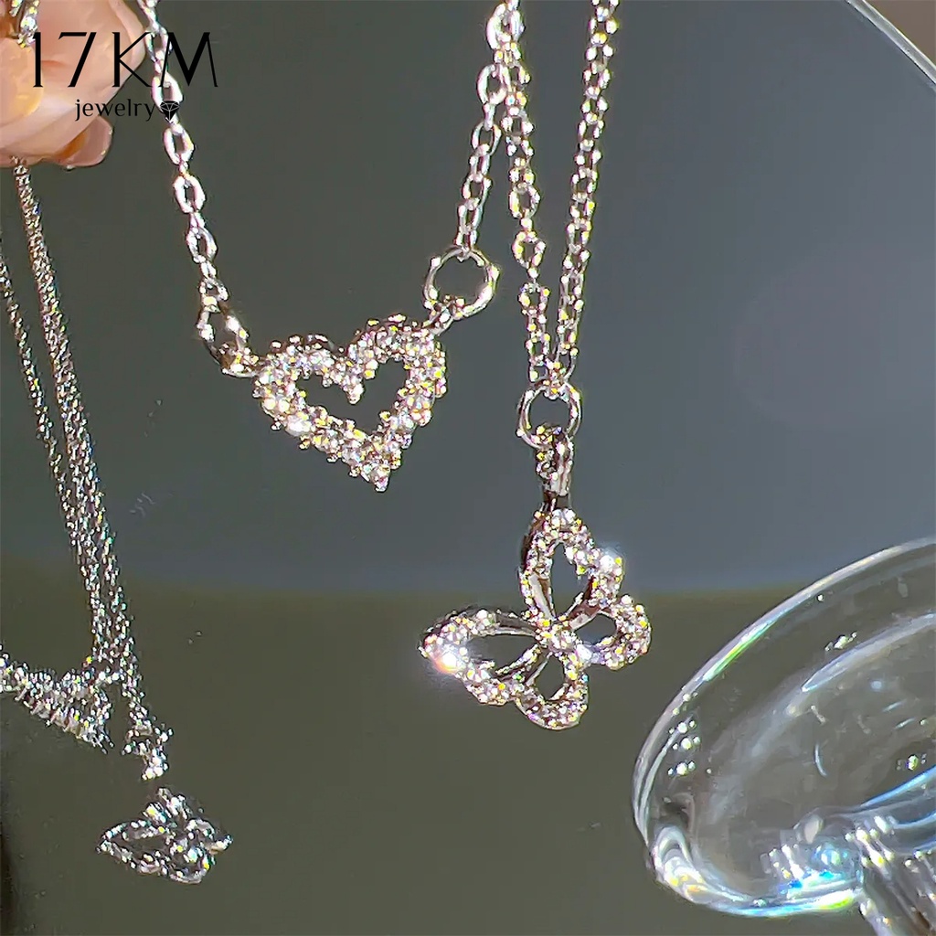 17KM Elegant Butterfly Heart Pendant Necklace Bow Zircon Silver Chain ...