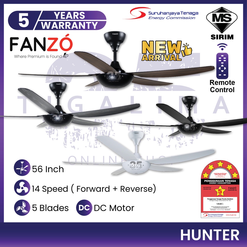 FANZÓ Hunter Fan 56Inch 5 Blades 14 Speed DC Motor with Remote Control ...