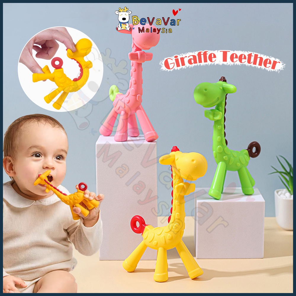 Bevavar Giraffe Teether Food Grade Chew Toy Baby Teether Pink Yellow ...