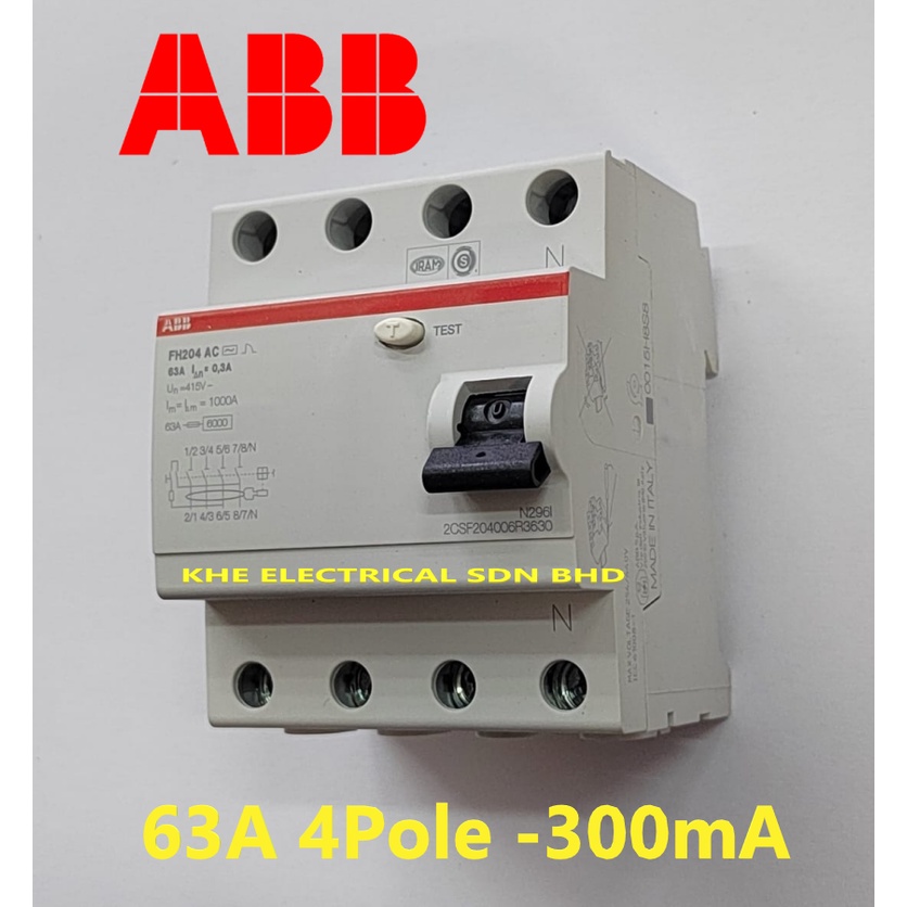 ABB 3 Phase Residual Current Circuit Breaker RCCB/ELCB FH204-AC 40A/63A/100A 4POLE 300MA ...
