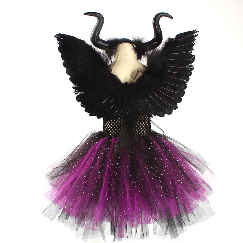 Girls Evil Queen Malefice Tutu Dress with Horns Wings Sparkly Girl ...