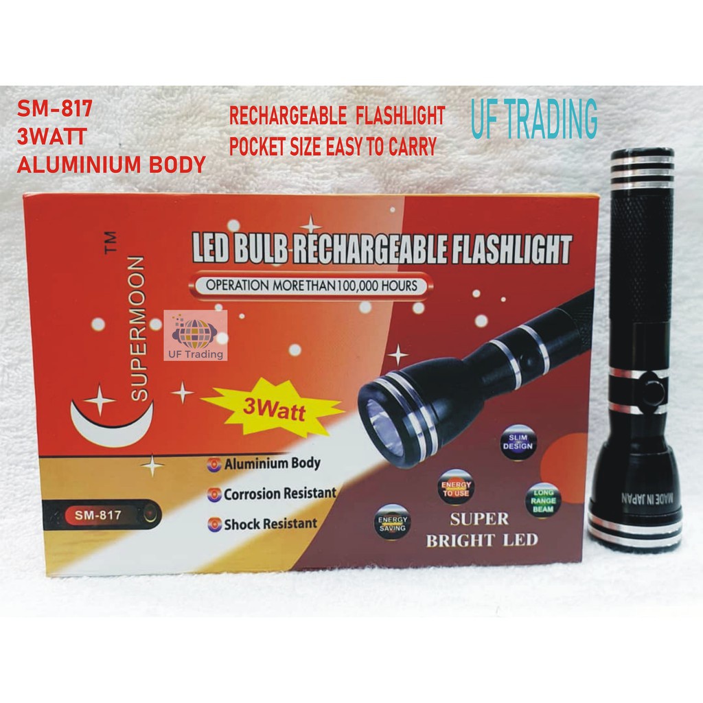 SUPER BRIGHT LED BULB RECHARGEABLE FLASHLIGHT SLIM DESIGN LONG RANGE 3 WATT SM-817 LAMPUH SULUH ...