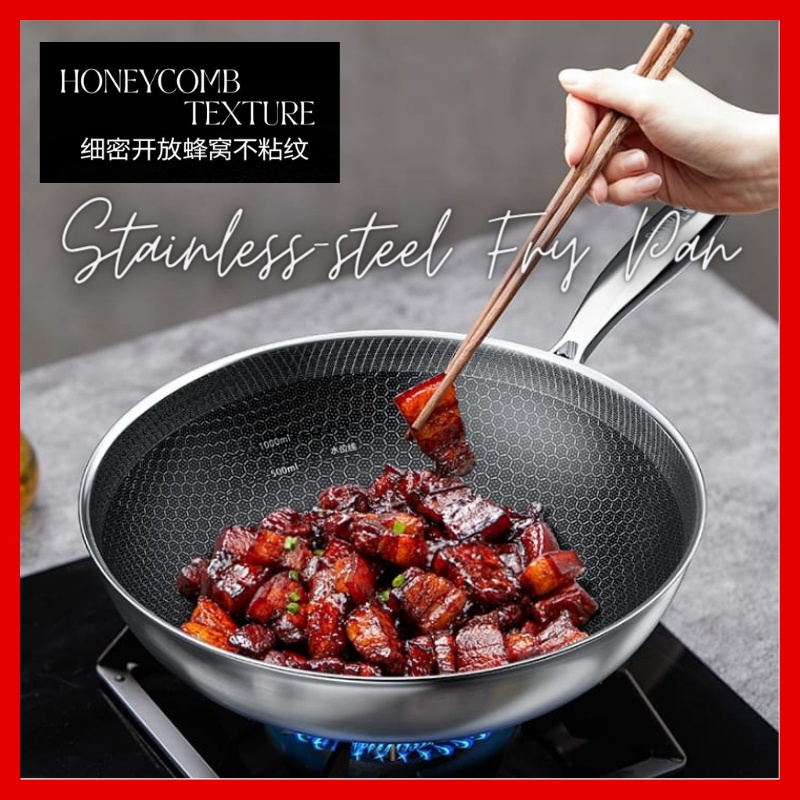 Stainless Steel Non Stick Wok Fry Pan Scratch Resistant Honeycomb ...