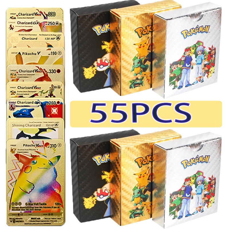 55pcs Pokemon Cards Metal Gold Pikachu VMAX GX Energy English Charizard ...