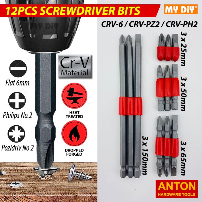 Discount !!! ANTON 12PCS POWER SCREW DRIVER BIT / SCREWDRIVER BIT CRV-6 ...