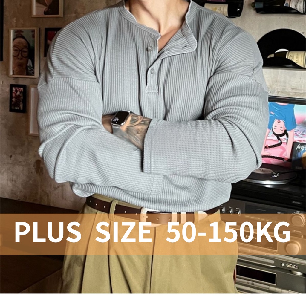 【Plus Size】150KG Men Fashion Brand Henry Collar Waffle Oversize Top ...