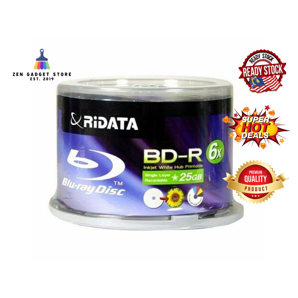 Ridata BD-R 6X 25GB Blu-ray Media White Inkjet Hub Printable Disc 10pcs / 25pcs / 50pcs | Shopee ...