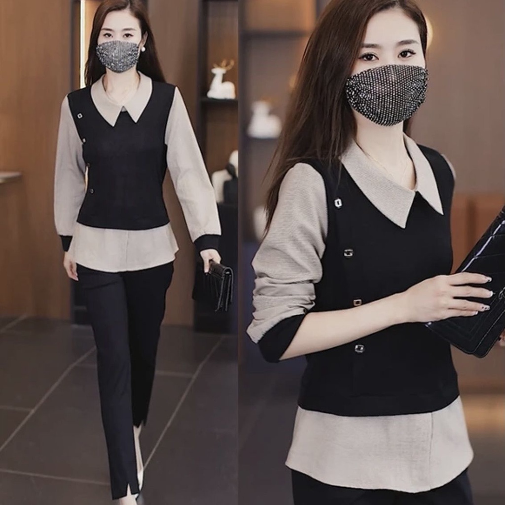 READY* S-3XL~Oversized shirt fake two-piece Women blouse long sleeve ...
