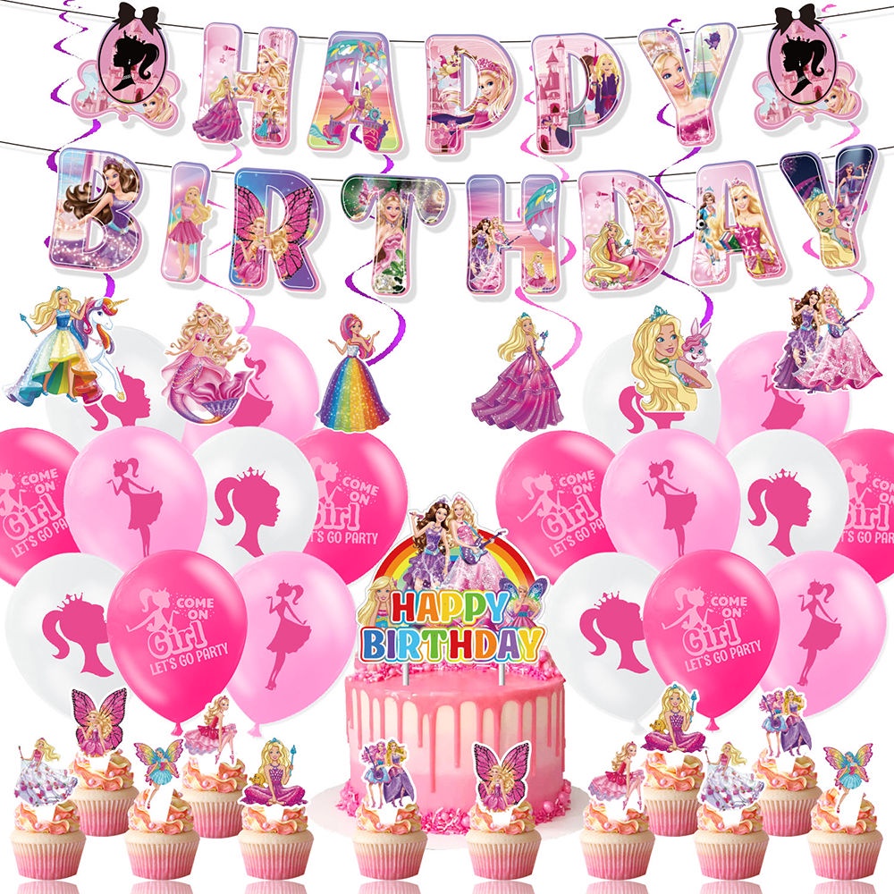 Barbie princess pink balloon banner cake topper set girl pink birthday ...