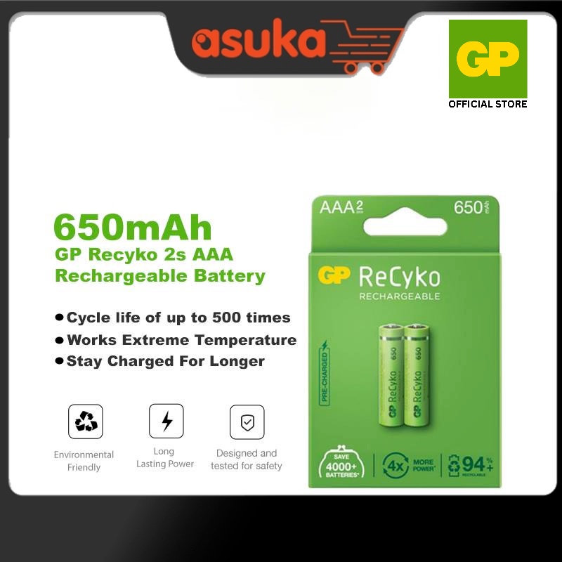 GP ReCyko Rechargeable Batteries AAA (650mAh x 2/Pack) | Shopee Malaysia