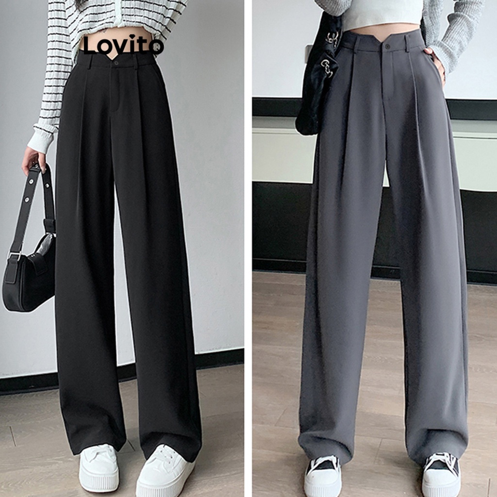 Lovito Elegant Plain Pocket Zipper Pants for Women LNA27114 (Dark Grey ...
