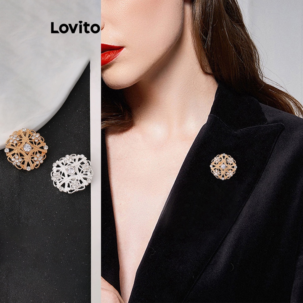 Lovito Casual Plain Texture Metal Rhinestone Cut Out Brooches for Women ...