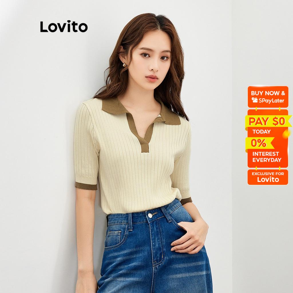 Lovito Casual Plain Contrast Binding Polo Knit Top for Women L47ED020 ...