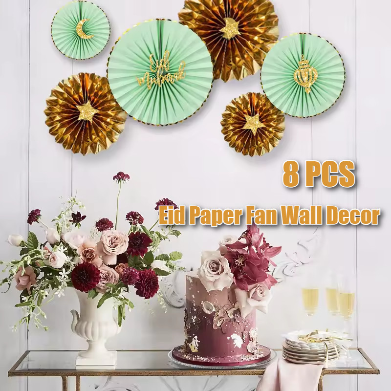 8 PCS Hari Raya Decoration Eid Paper Fan Flower Set Backdrop with Eid ...