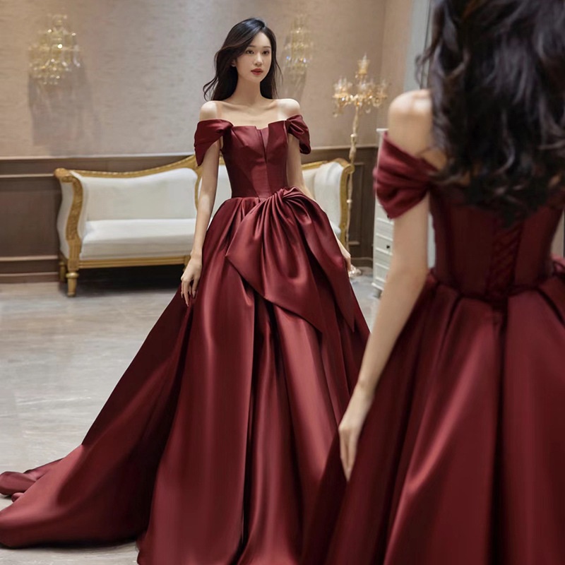 Off Shoulder Satin Bridal Toast Dress Temperament Wine Red Bow Decor ...