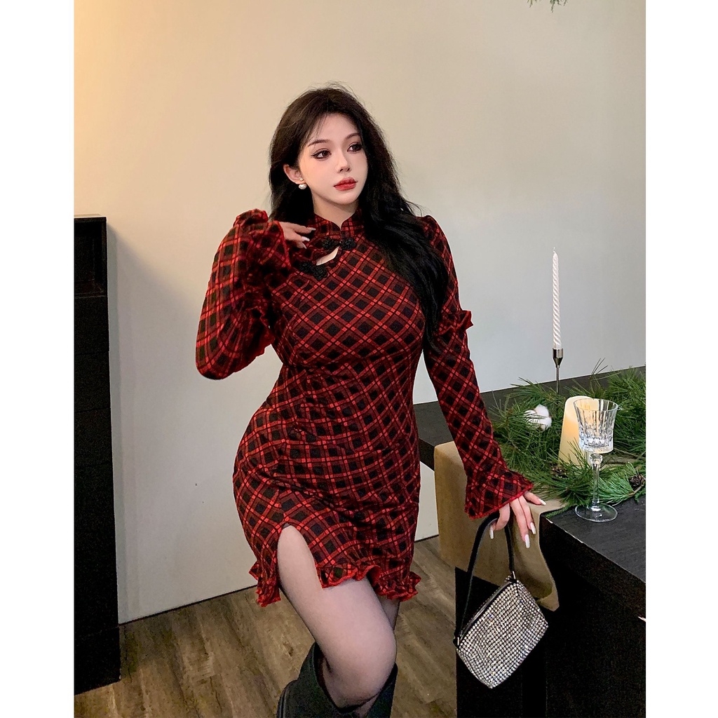 【Plus Size】（40-150kg）300斤特大码微胖mm新年连衣裙女中式改良旗袍辣妹性感格纹裙子潮 bigsize oversize dress cheongsam | Shopee ...