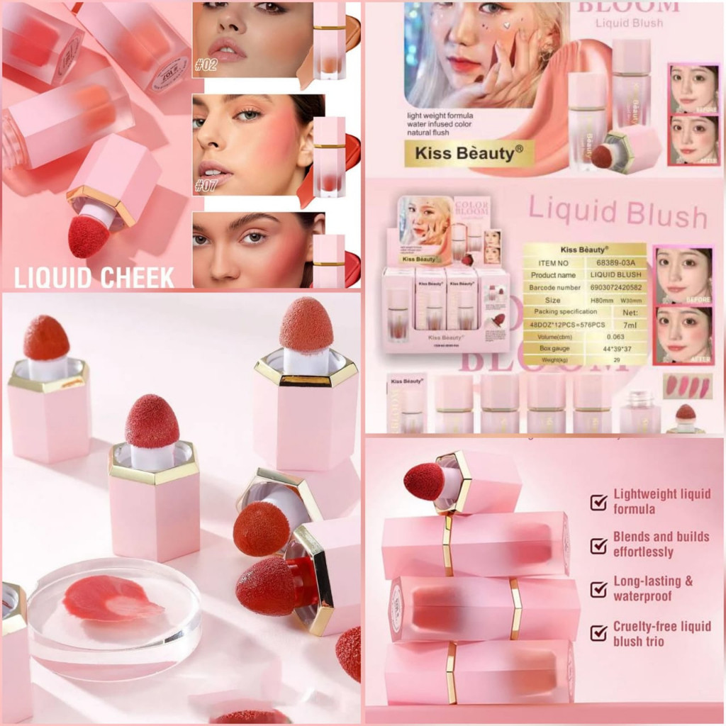 KISS BEAUTY Soft Cream Liquid Matte Blush for Cheeks Makeup with Sponge ...