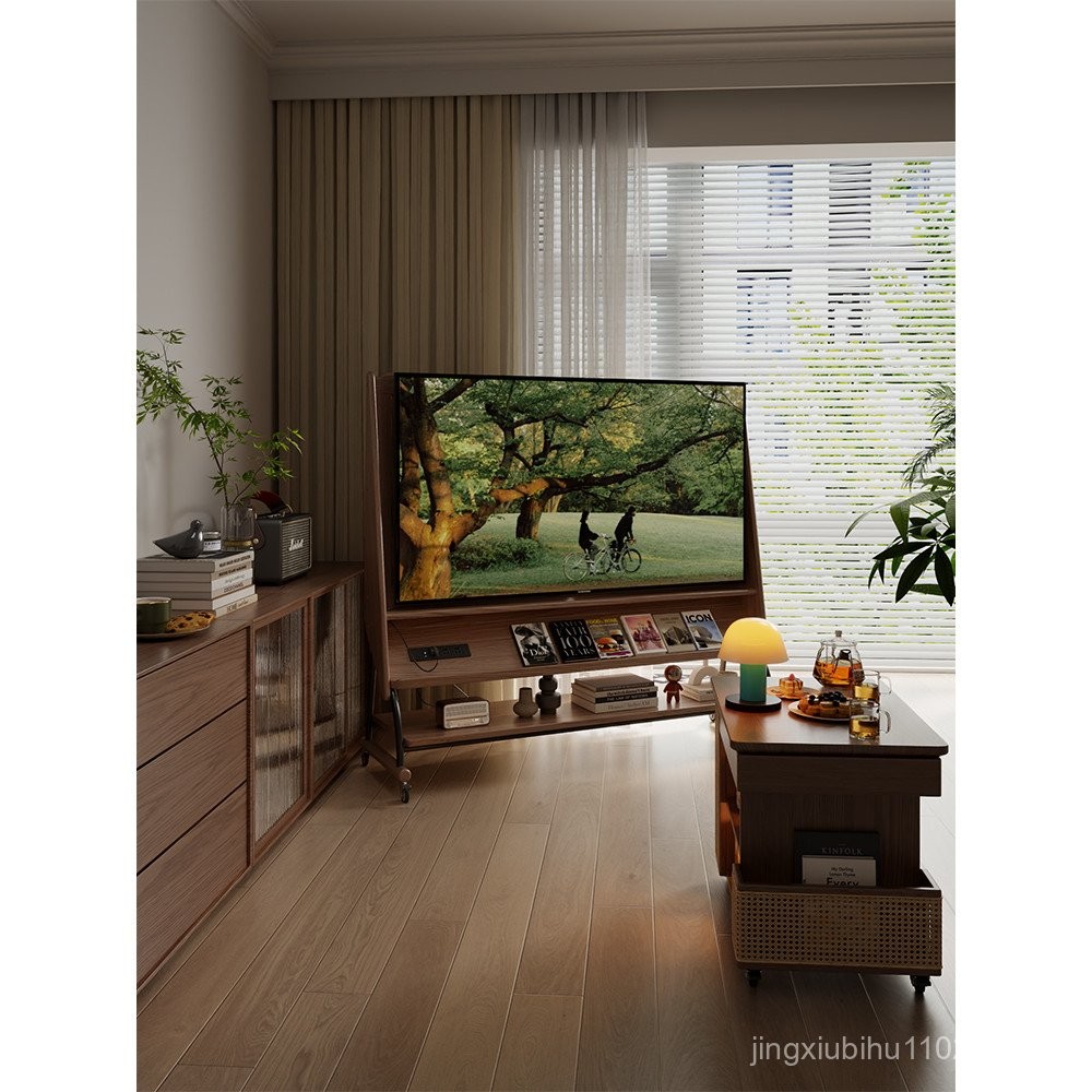 Solid Wood Movable TV Cabinet Living Room Household Small Apartment ...