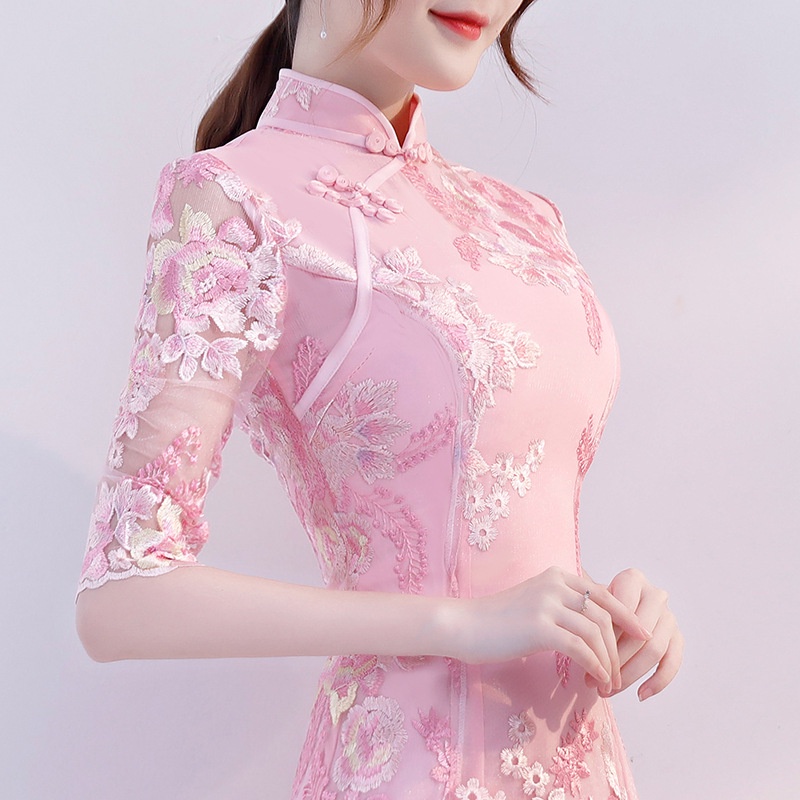Dress woman Pink Lace Chinese Cheongsam Dress Plus Size Annual Meeting ...