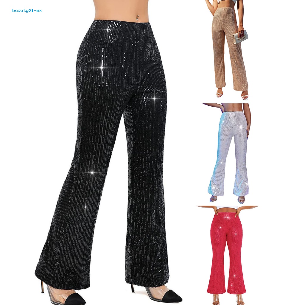 BEA Wide Leg Flared Trousers Glitter Pants Sparkling High Waist Wide ...