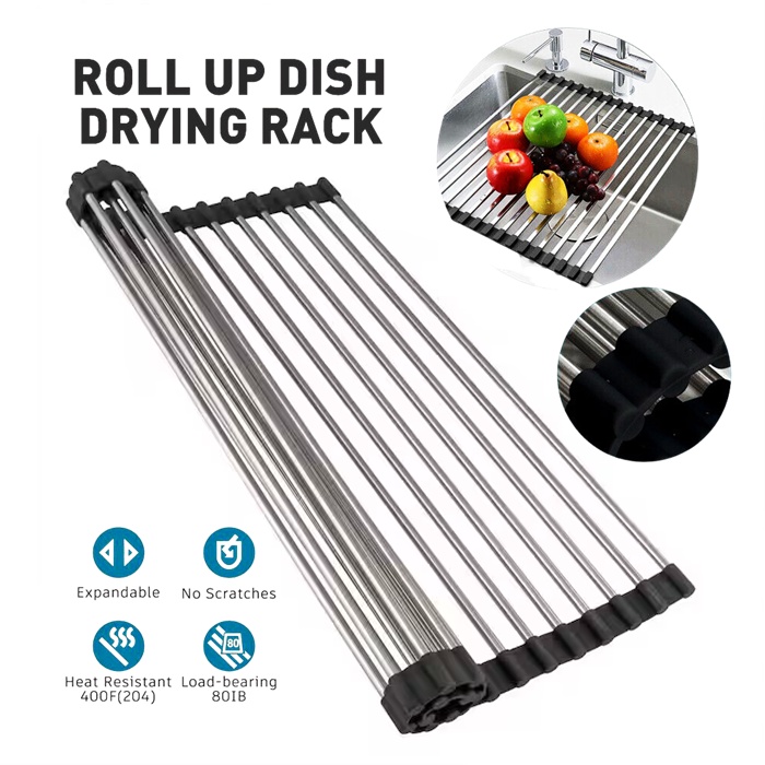 Roll-up Dish Drying Rack Foldable Stainless Steel Over Sink Rack ...