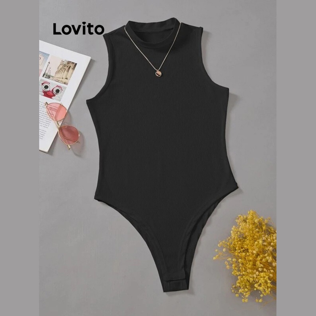 Lovito Casual Plain Basic Bodysuits for Women LNE31011 (White/Black ...