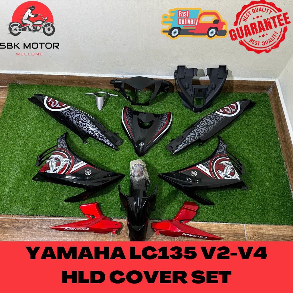 YAMAHA LC135 V2/V4 BATIK HITAM MERAH BG+RM7 COVER SET ORIGINAL HLD STICKER TANAM LC135 COVER SET ...