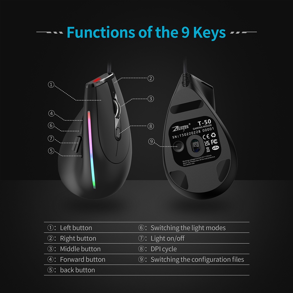 ZELOTES T-50 Vertical Gaming Mouse 12800 DPI 9 Buttons Programmable RGB ...