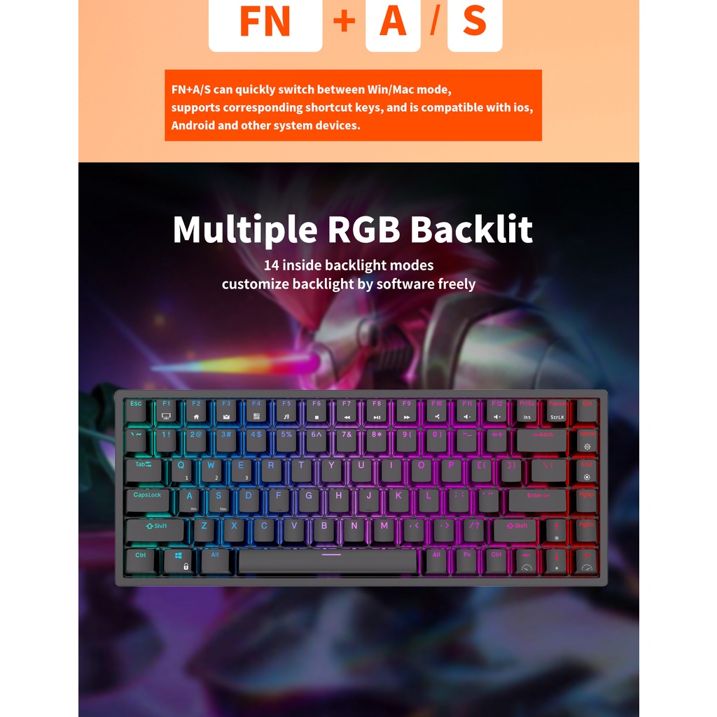 Royal Kludge RK84 Tri-Mode Hotswappable RGB Backlit Bluetooth 2.4G ...