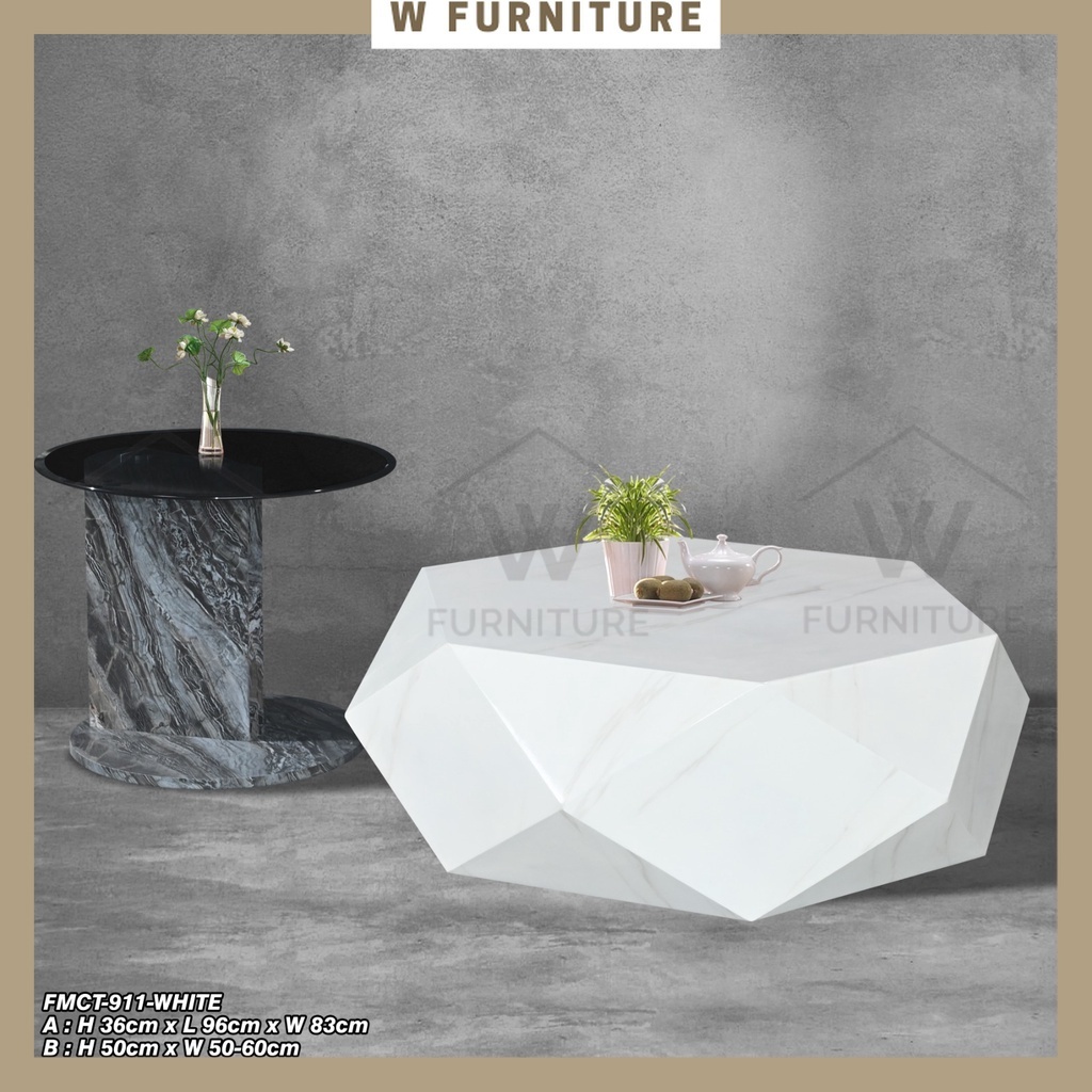 WFURNITURE Classic Marble Design Coffee Table/Tempered Glass Side Table ...
