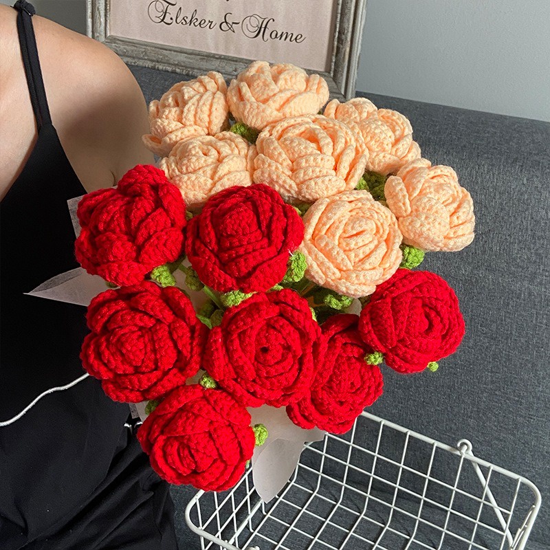 DIY Knitting Bouquet Rose Flower Bouquet Tulip Hand Knitted Fake ...