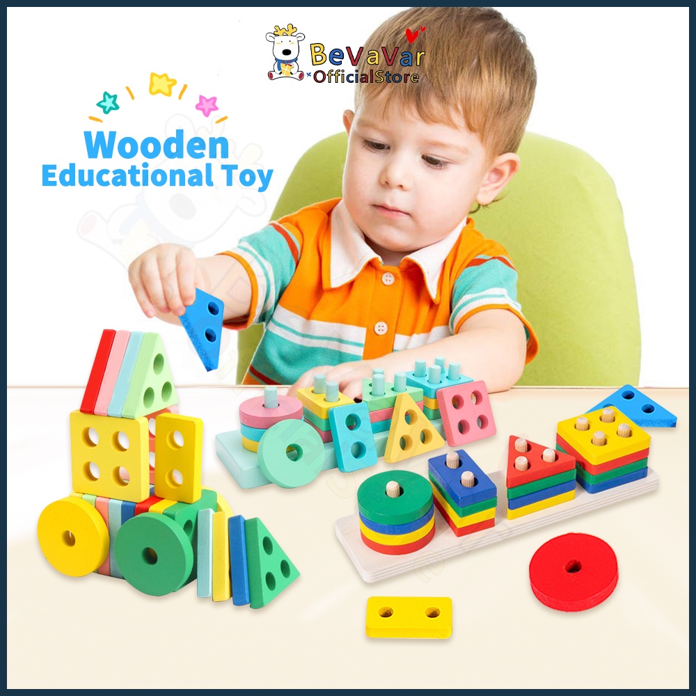 BEVAVAR Wooden Baby Toys Mainan Budak Perempuan Building Blocks Shape ...