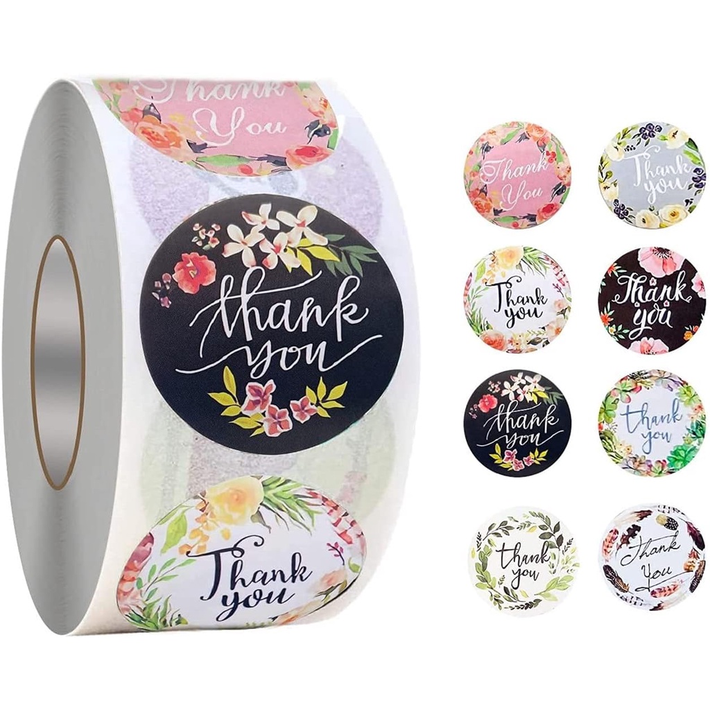 500Pcs/Roll 1inch Thank You Stickers 8 Floral Designs Thank You ...