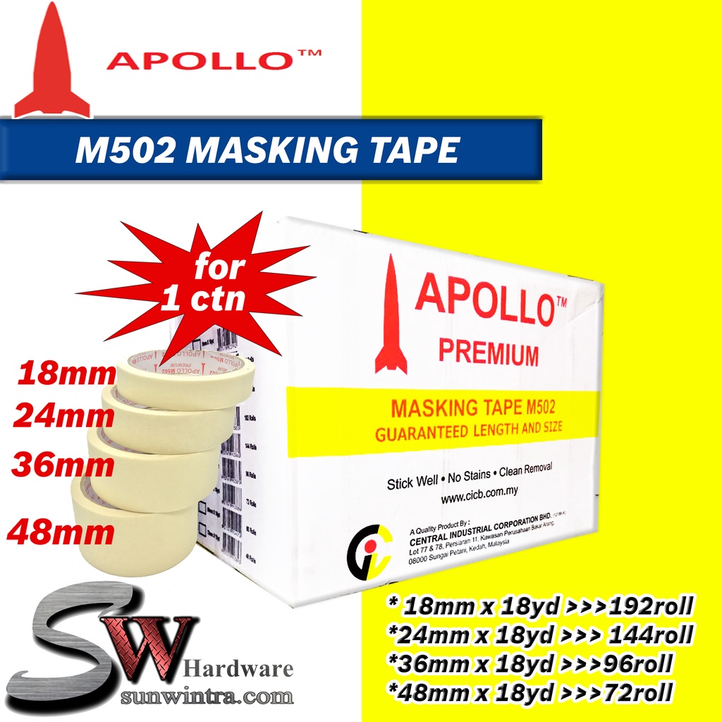 SW HARDWARE APOLLO M502 MASKING TAPE 18 YARD 18MM 24MM 36MM 48MM High Temperature Resistant ...